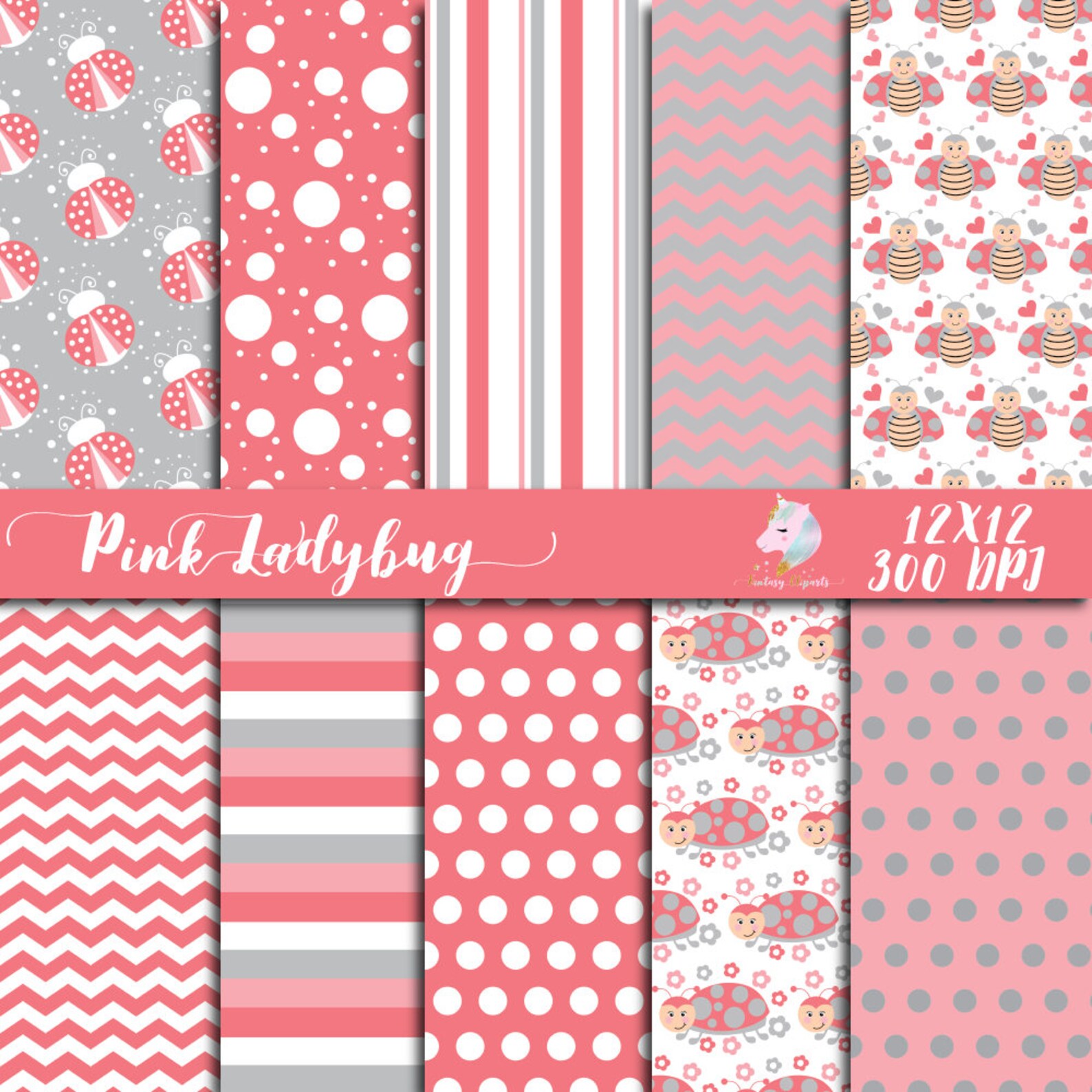 Pink Cute Ladybug Bug Digital Paper Gray Backgrounds White | Etsy