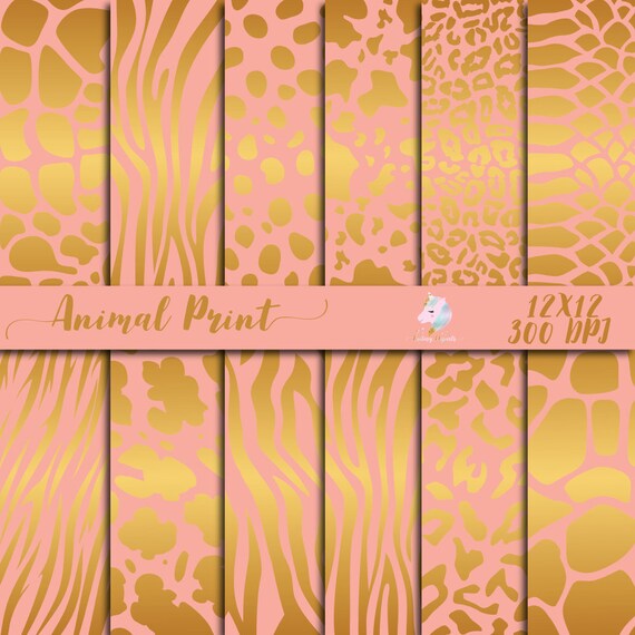 Golden animal print digital paper on pink background, gold metallic ...