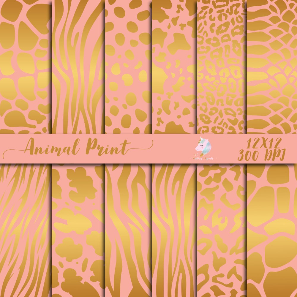 Golden animal print digital paper on pink background gold | Etsy