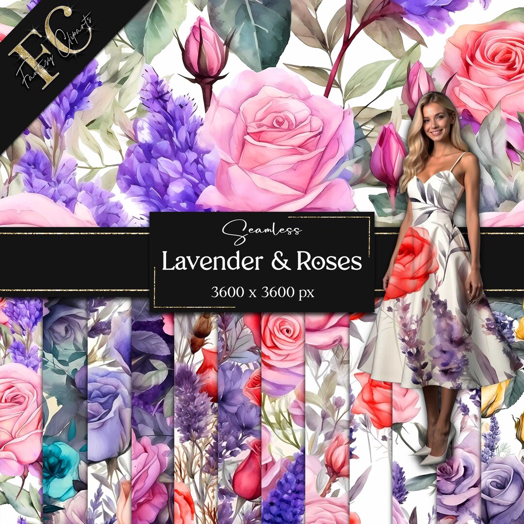 Watercolor Lavender and Roses Digital Paper | Rose and Lavender ...