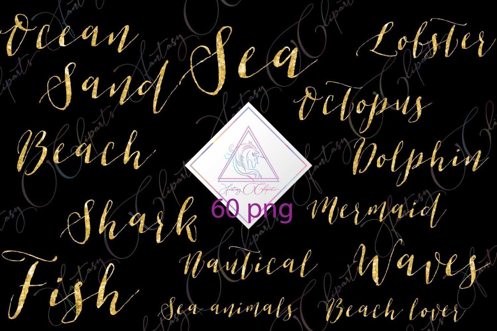 Ocean Word Art in Png, Sea Life Common Words Clipart in Gold Glitter ...