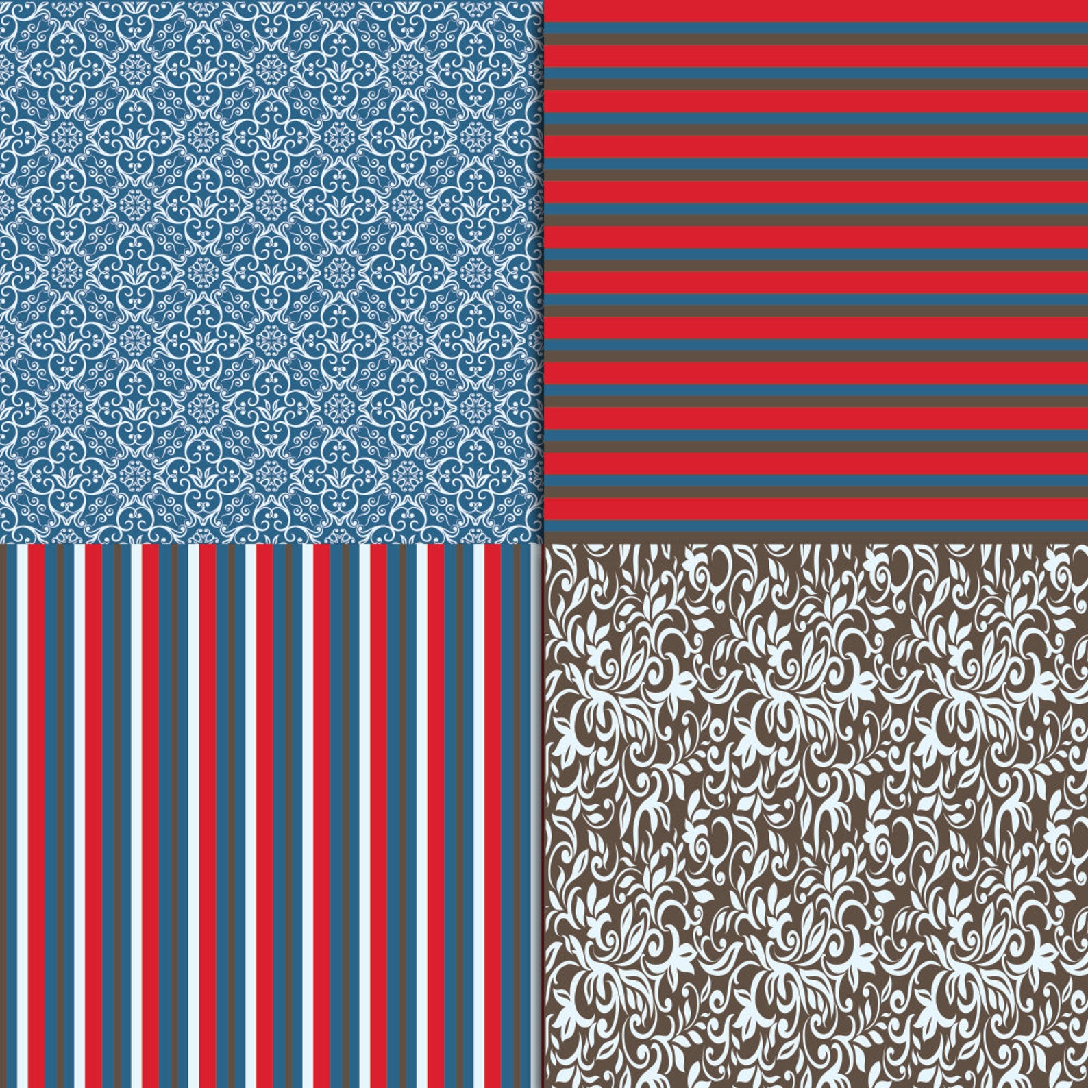 Blue Red Paper Pack Winter Digital Paper Floral Pattern Set - Etsy