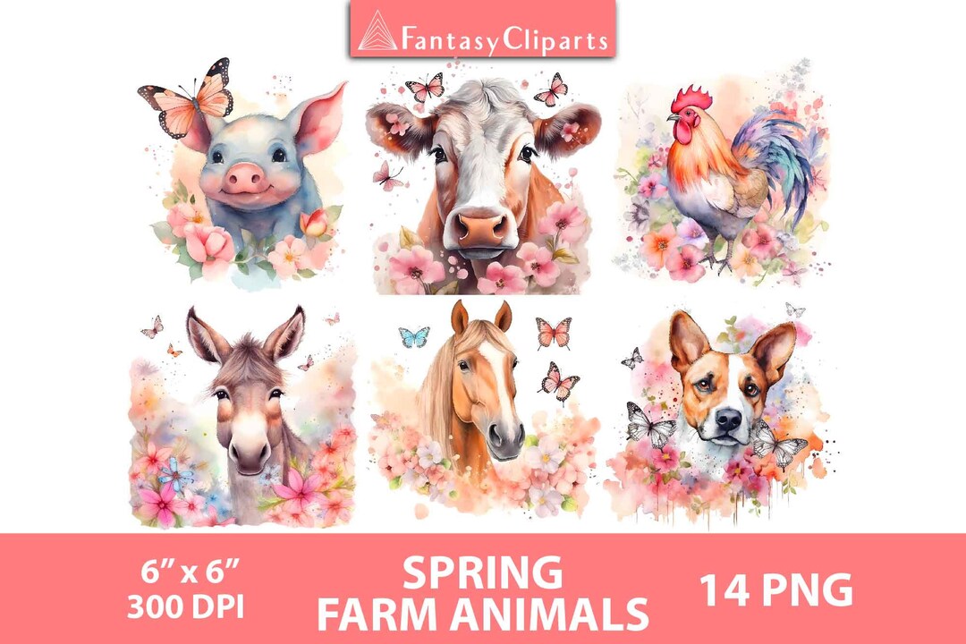 Spring Farm Animals Clipart Watercolor Hand Painted Piglet Cow Rooster ...