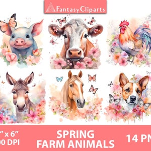 Spring Farm Animals Clipart | Watercolor Hand Painted Piglet Cow ...