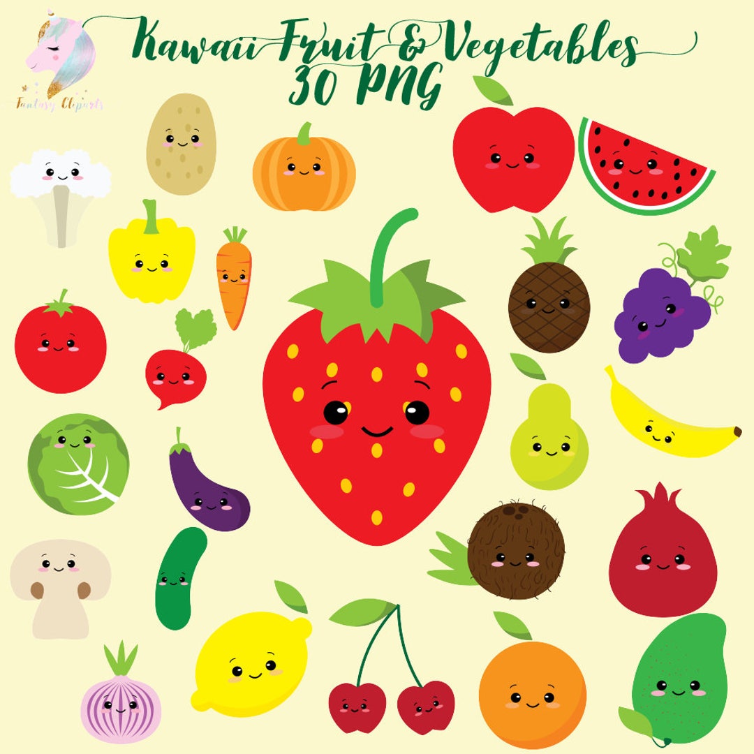 Cute Fruit Clipart, Kawaii Vegetables, Vegetable Clip Art, Colorful ...