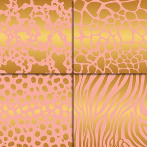 Golden Animal Print Digital Paper on Pink Background, Gold Metallic ...
