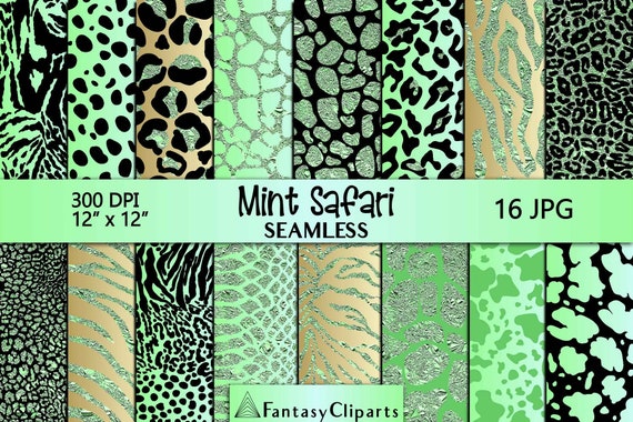 Mint Glitter Safari Animal Print Digital Paper | Light Green Cheetah ...