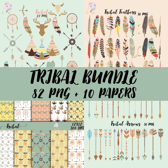 Tribal bundle tribal arrows clipart , tribal feathers digital paper ...