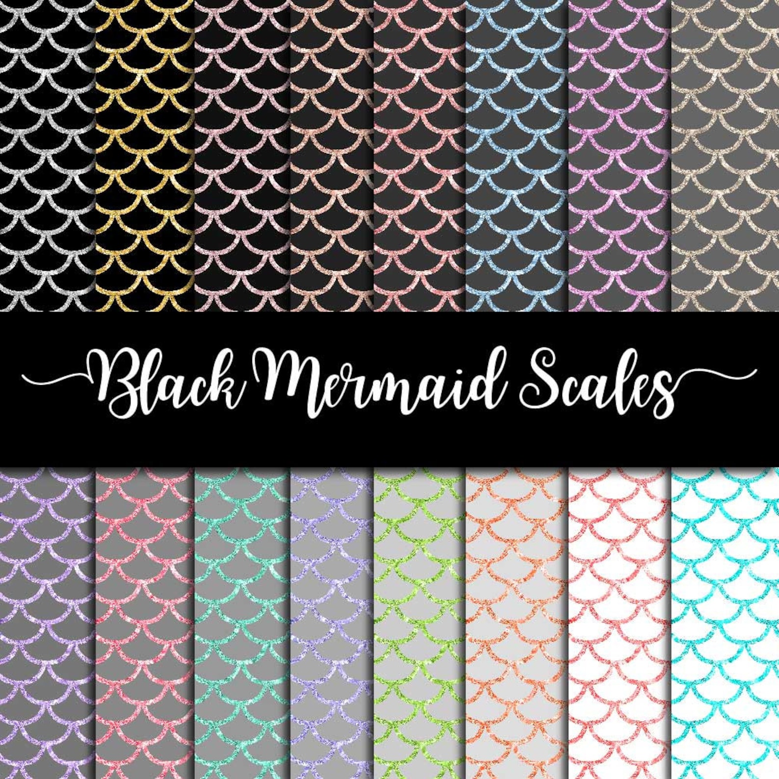 Mermaid Scales Digital Paper Made by Fantasy Cliparts Black | Etsy