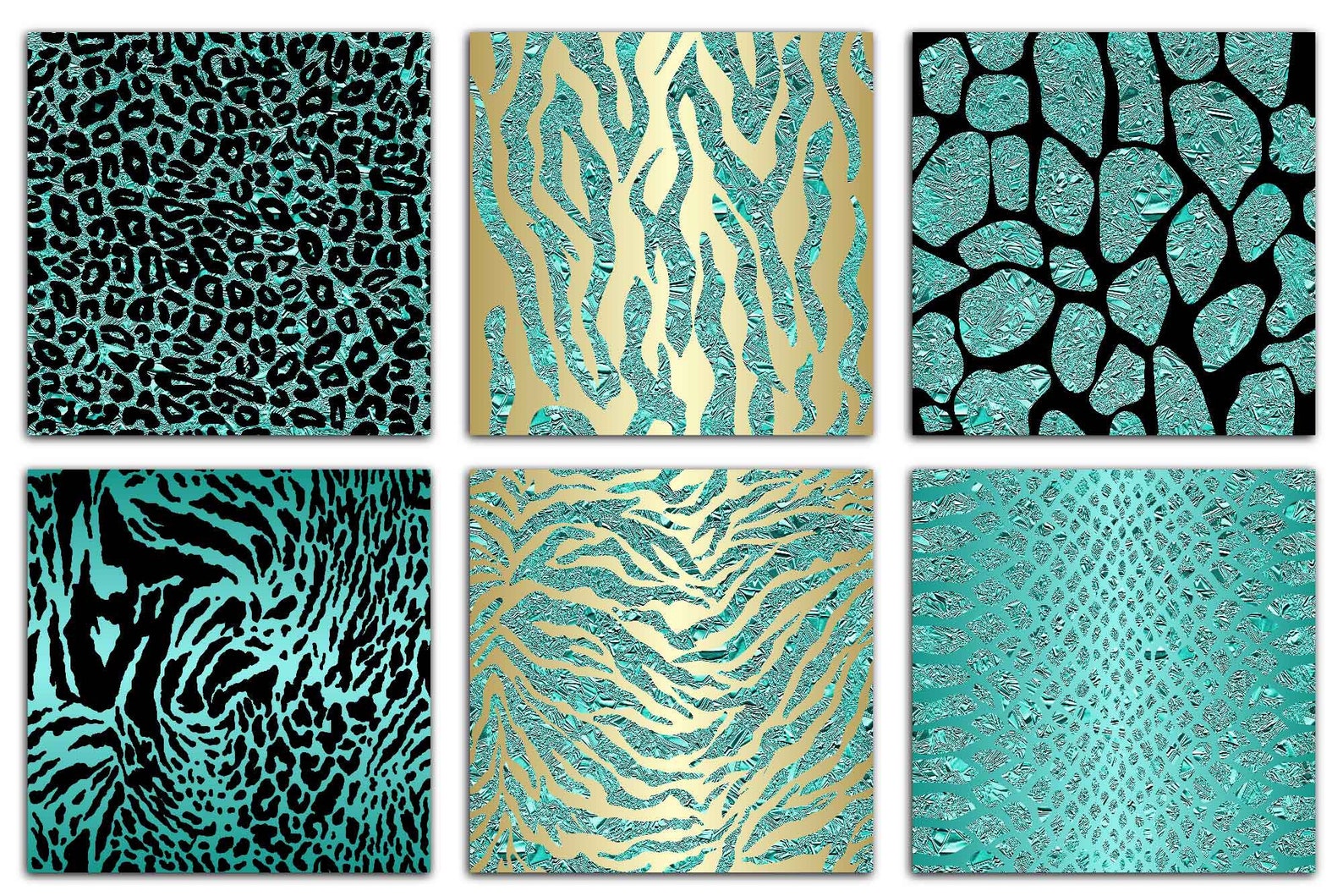 Turquoise Glitter Safari Animal Print Digital Paper Teal Cheetah ...