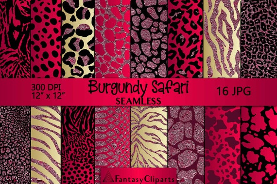 Burgundy Glitter Safari Animal Print Digital Paper | Rose Cheetah ...