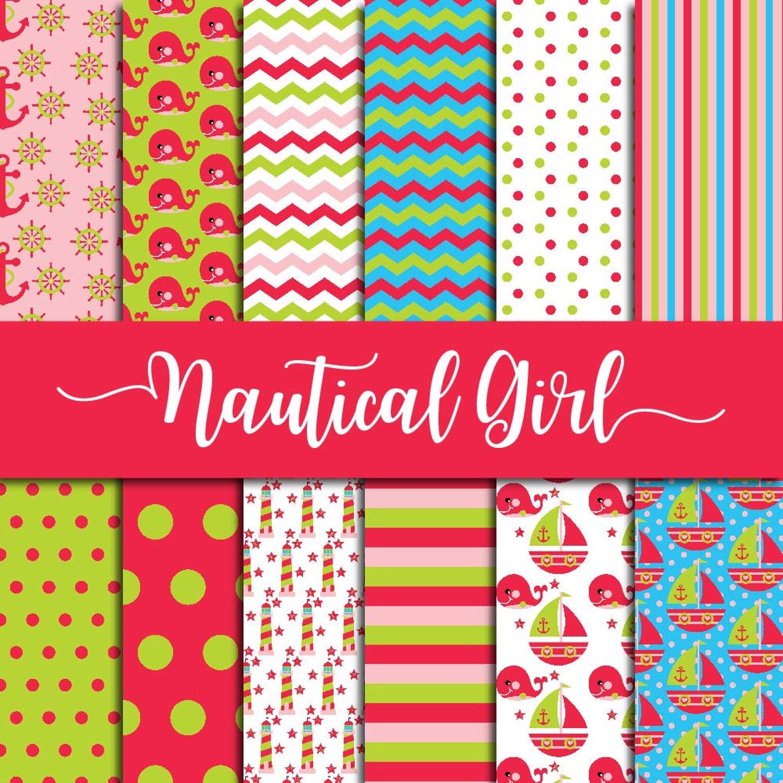 Nautical Girl Digital Paper Pink Anchor Green Polka Dots - Etsy