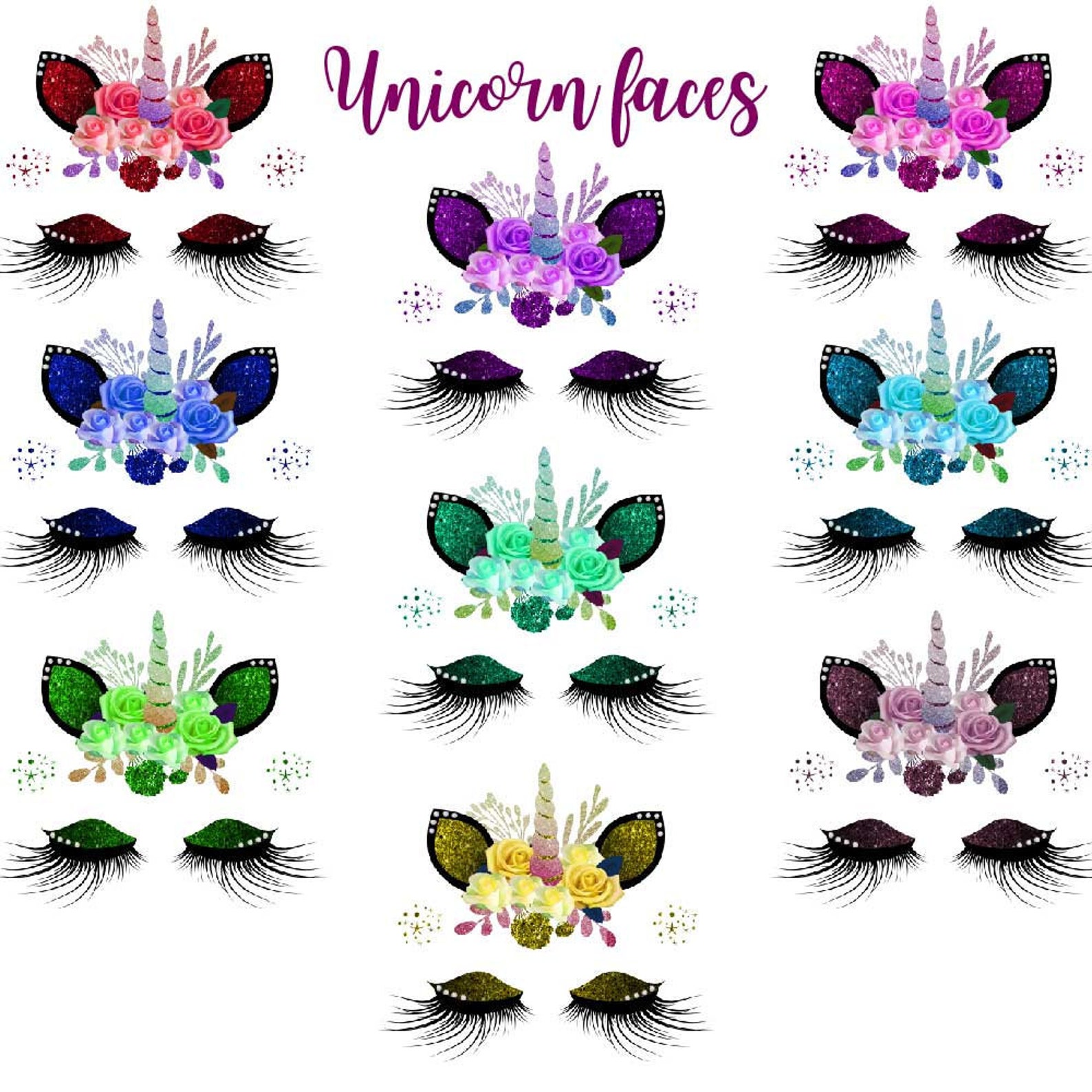 Unicorn Faces Unicorns Clipart Gold Glitter Face Fantasy | Etsy