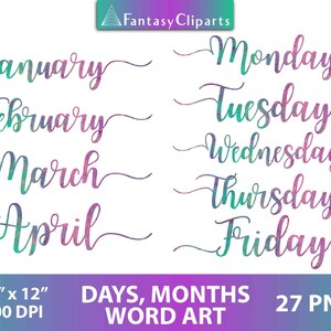 Days of the Week Word Art Clipart | Months of the Year Words Overlays ...