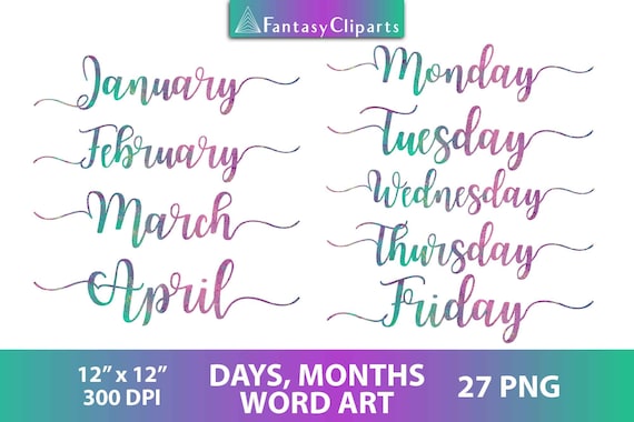 Days Of The Week Word Art Clipart | Months Of The Year Words Overlays ...