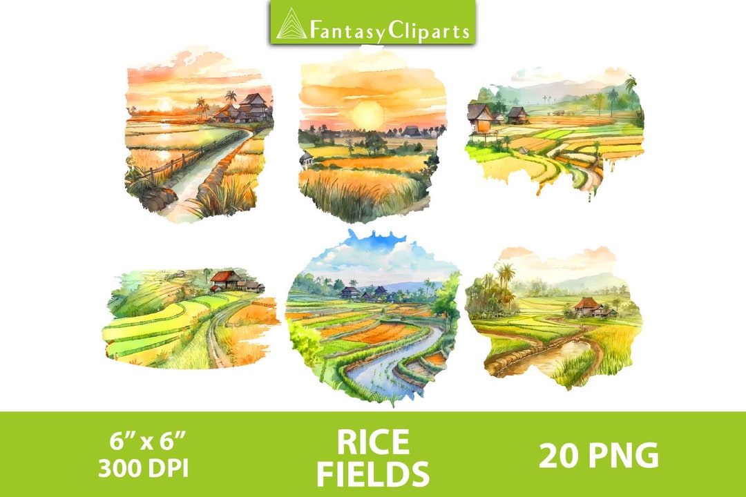Rice Fields Landscapes Overlay Clipart | Watercolor Hand Painted ...