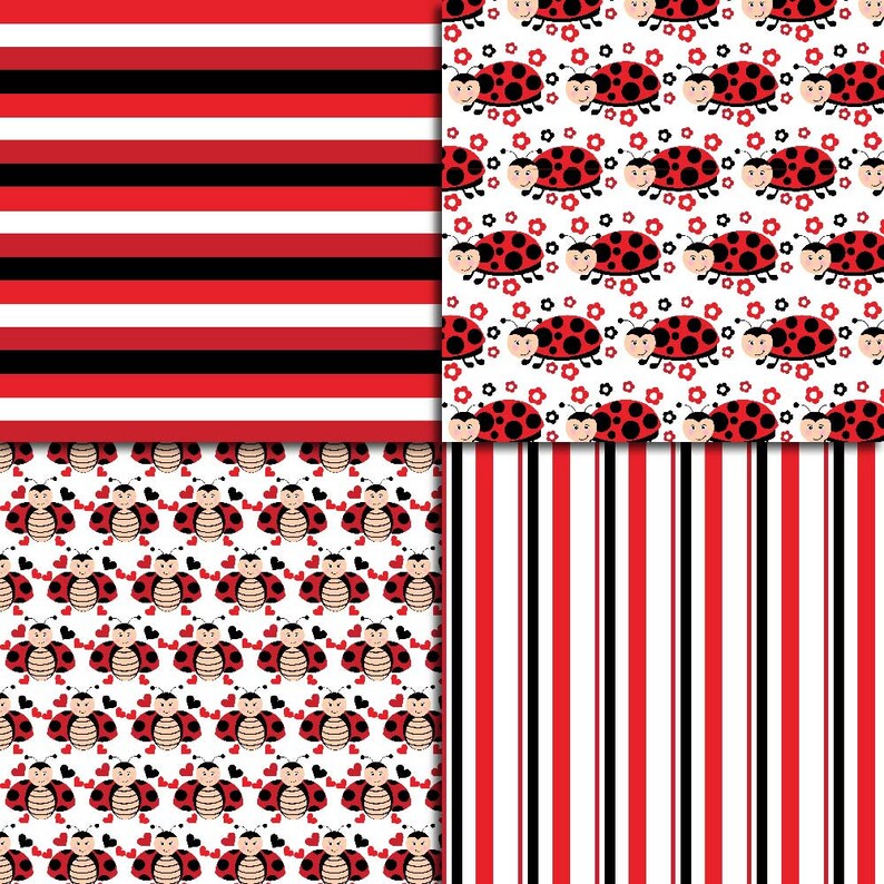 Cute Ladybug, Digital Paper, Kids Decoration, Children Birthday, Red ...