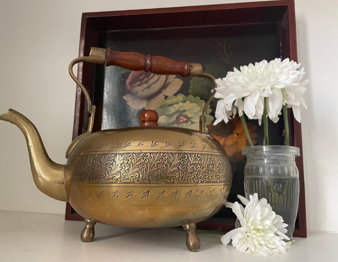 Vintage Brass Engraved Teapot With Wooden Handle - Etsy
