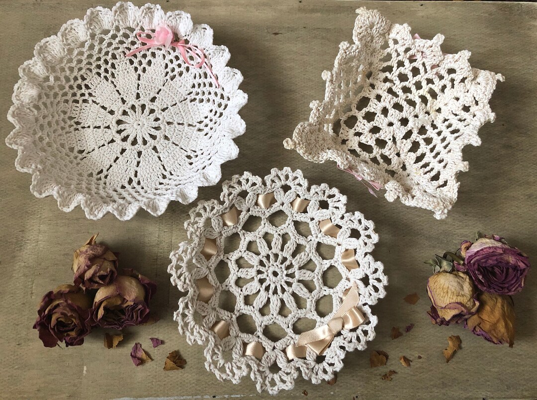 Vintage Handmade Stiffened Crochet Trinket Dishes - Etsy
