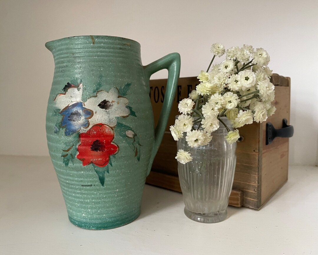 Vintage Lynton Pottery Green Floral Jug - Etsy