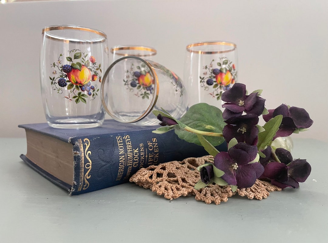 Vintage Tumbler Glasses Set of Four With Floral and Fruit Images - Etsy