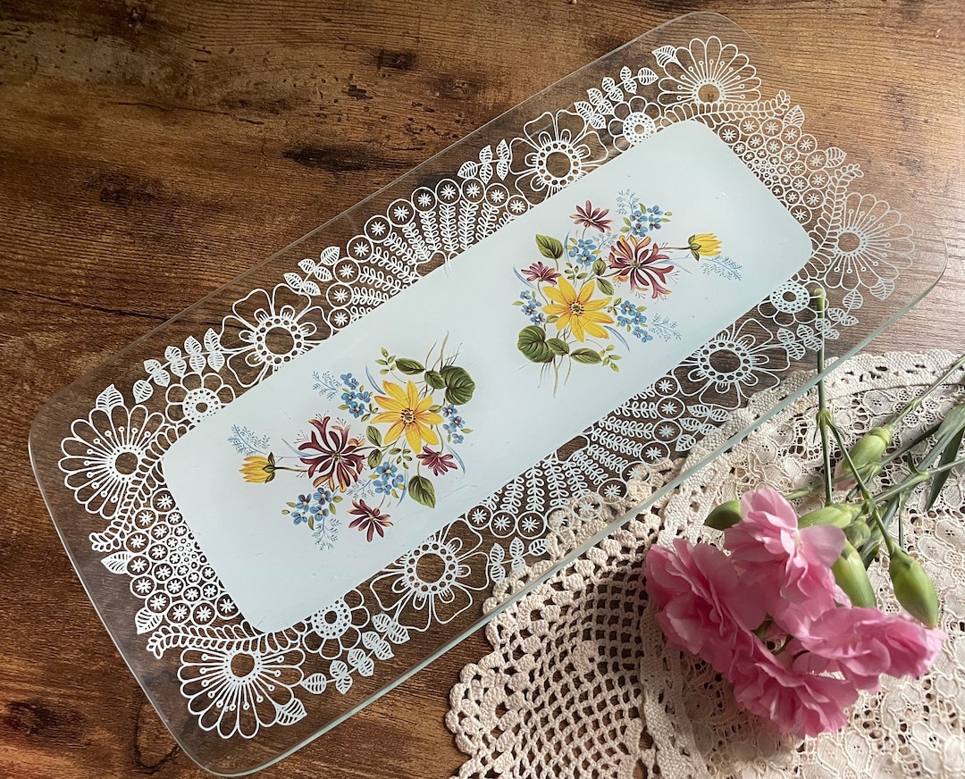 Vintage Glass Floral Tray - Etsy