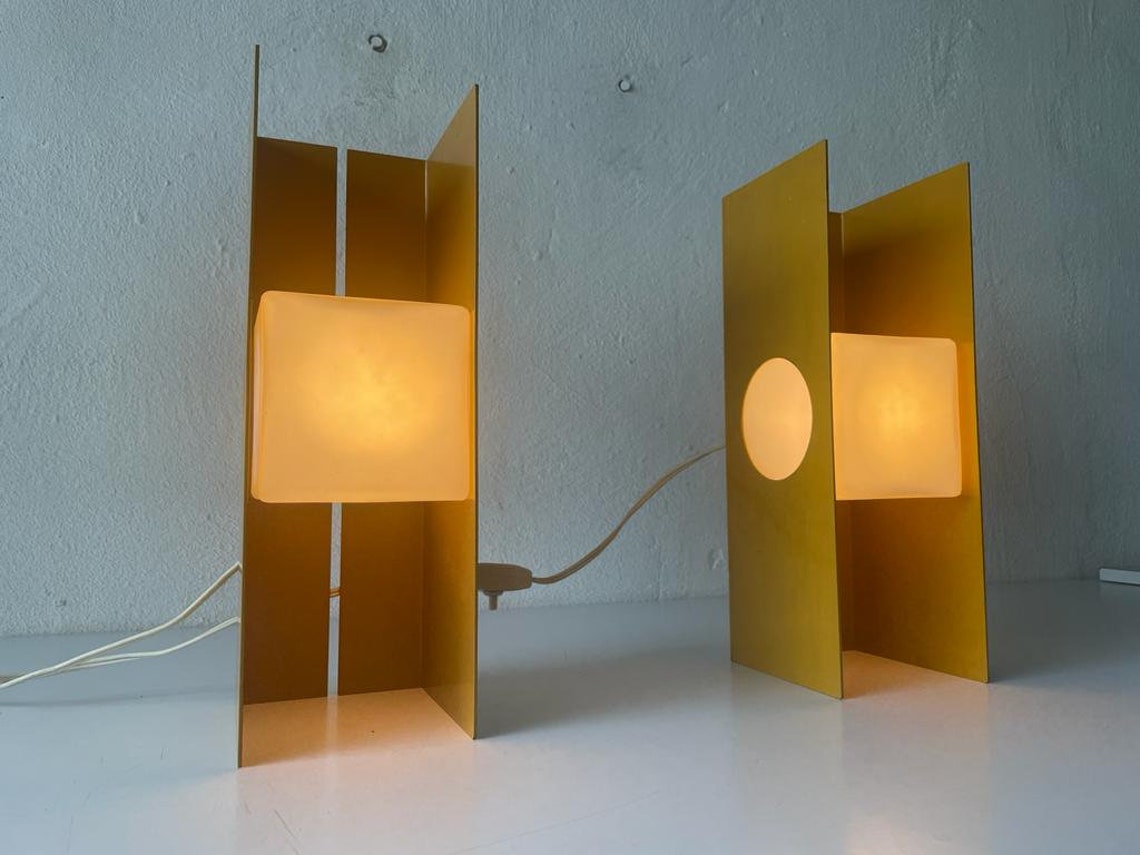 Pair of Yellow Metal Body and Opal Cube Glass Space Age Pair of Italian ...