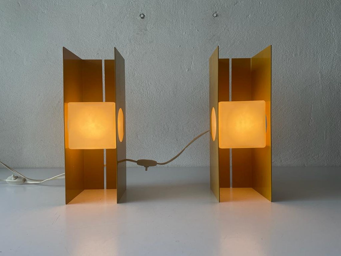 Pair of Yellow Metal Body and Opal Cube Glass Space Age Pair of Italian ...