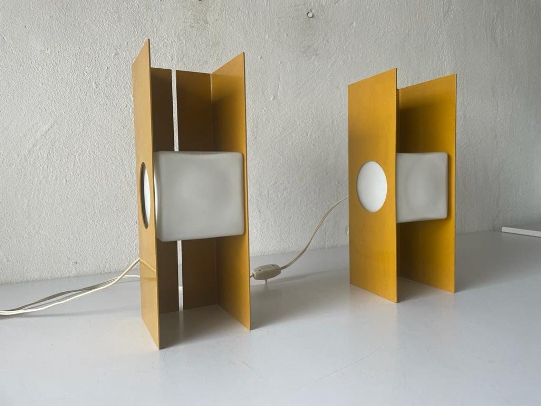 Pair of Yellow Metal Body and Opal Cube Glass Space Age Pair of Italian ...