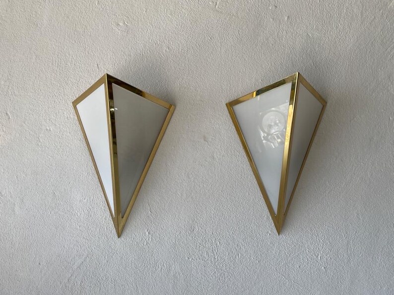 Triangle Design Opal Glass and Gold Metal Frame Pair of Sconces by WKR ...