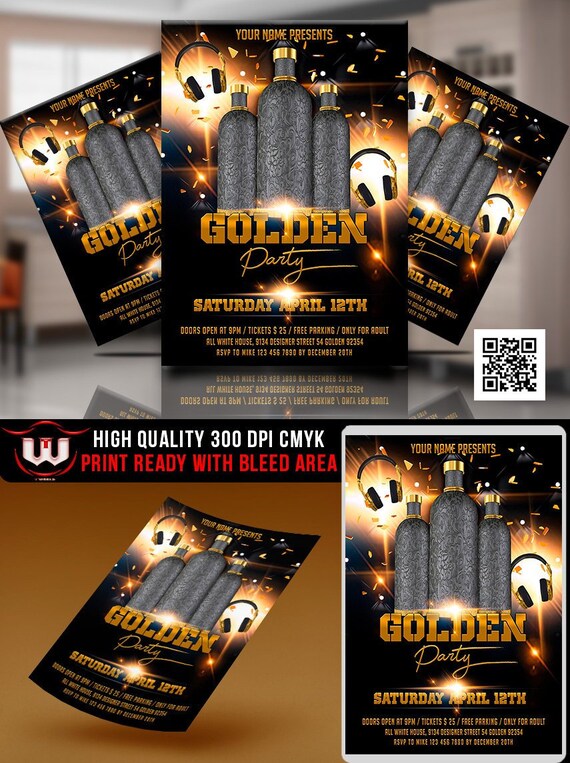 night party invitation printable night party flyer bottles flyer gold ...