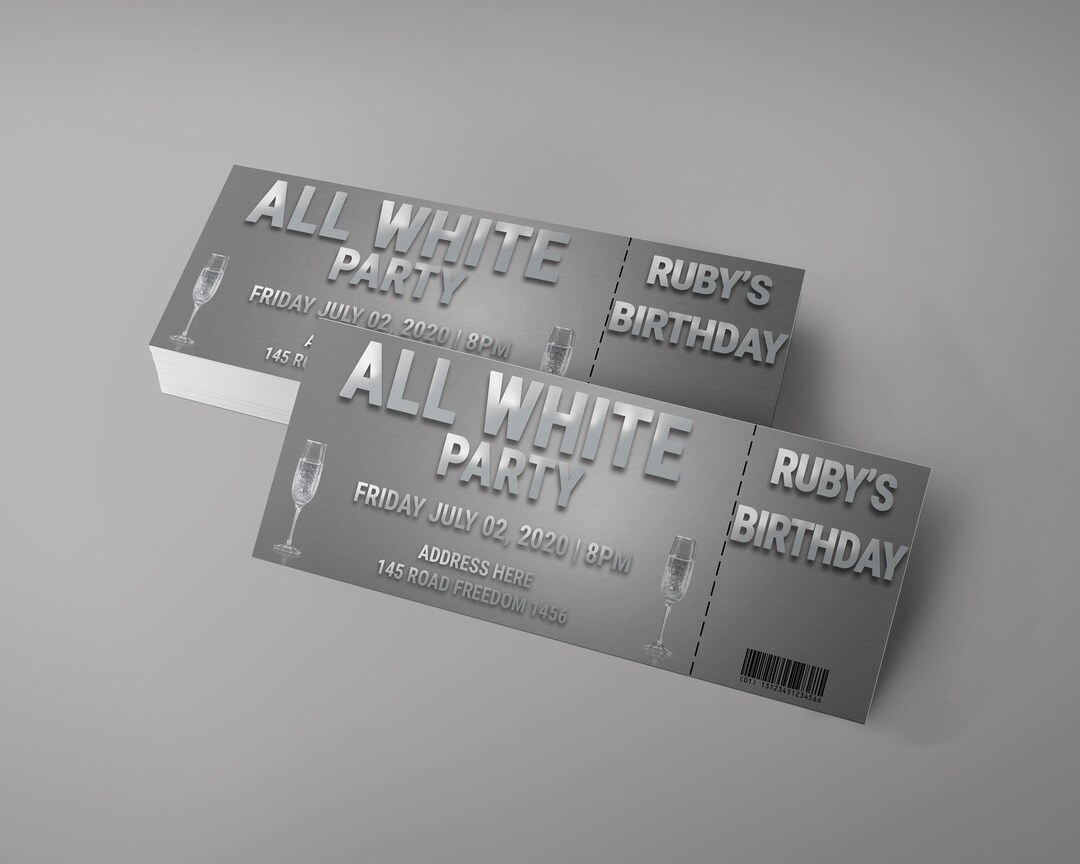 All White Birthday Invitation Tickets, White Invitation Ticket, White ...