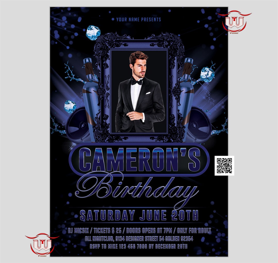 Navy Blue Birthday Party Flyer, Adult Blue Birthday Bash Invitation ...