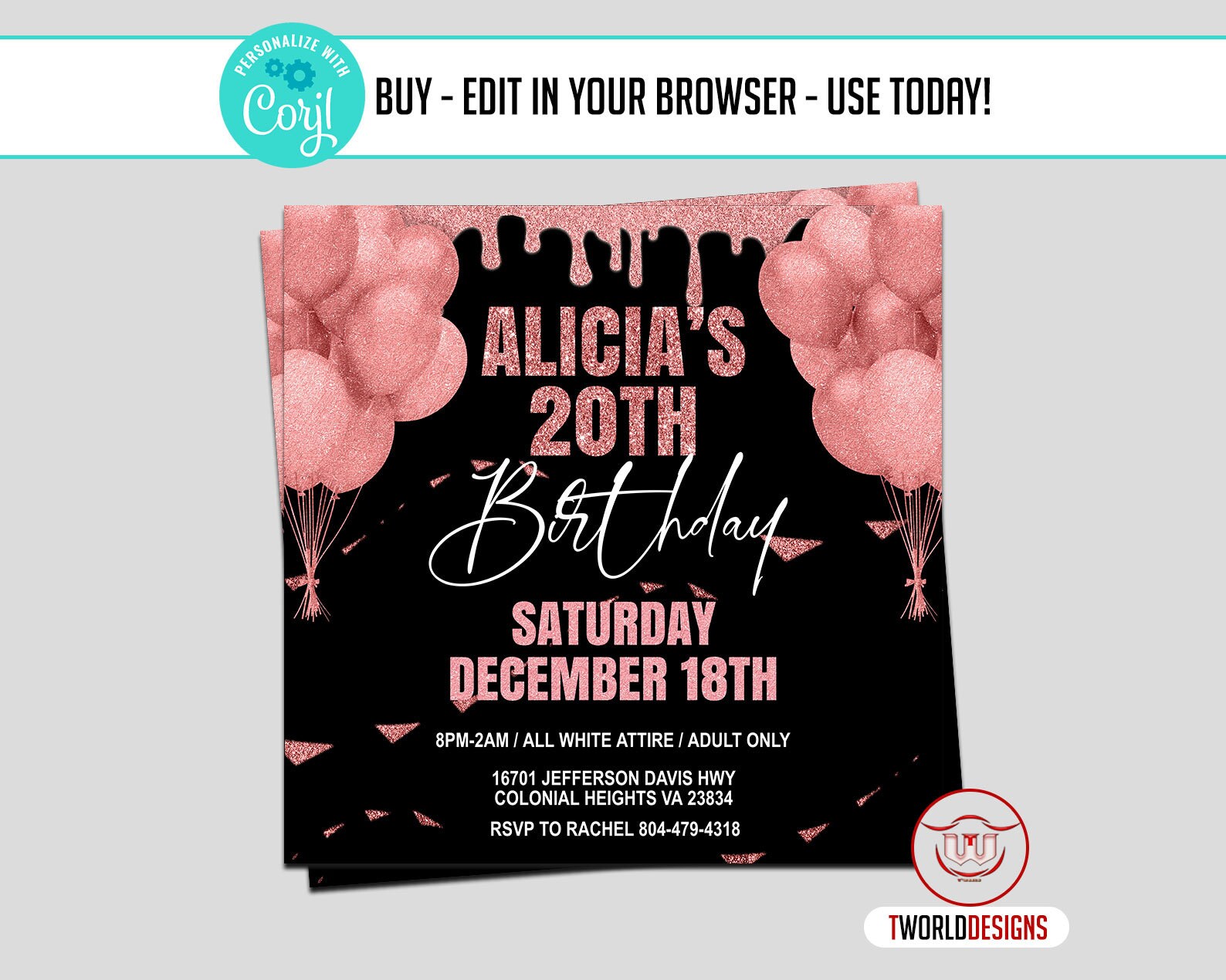 Rosegold Birthday Party Flyer Template Rose Gold Birthday | Etsy