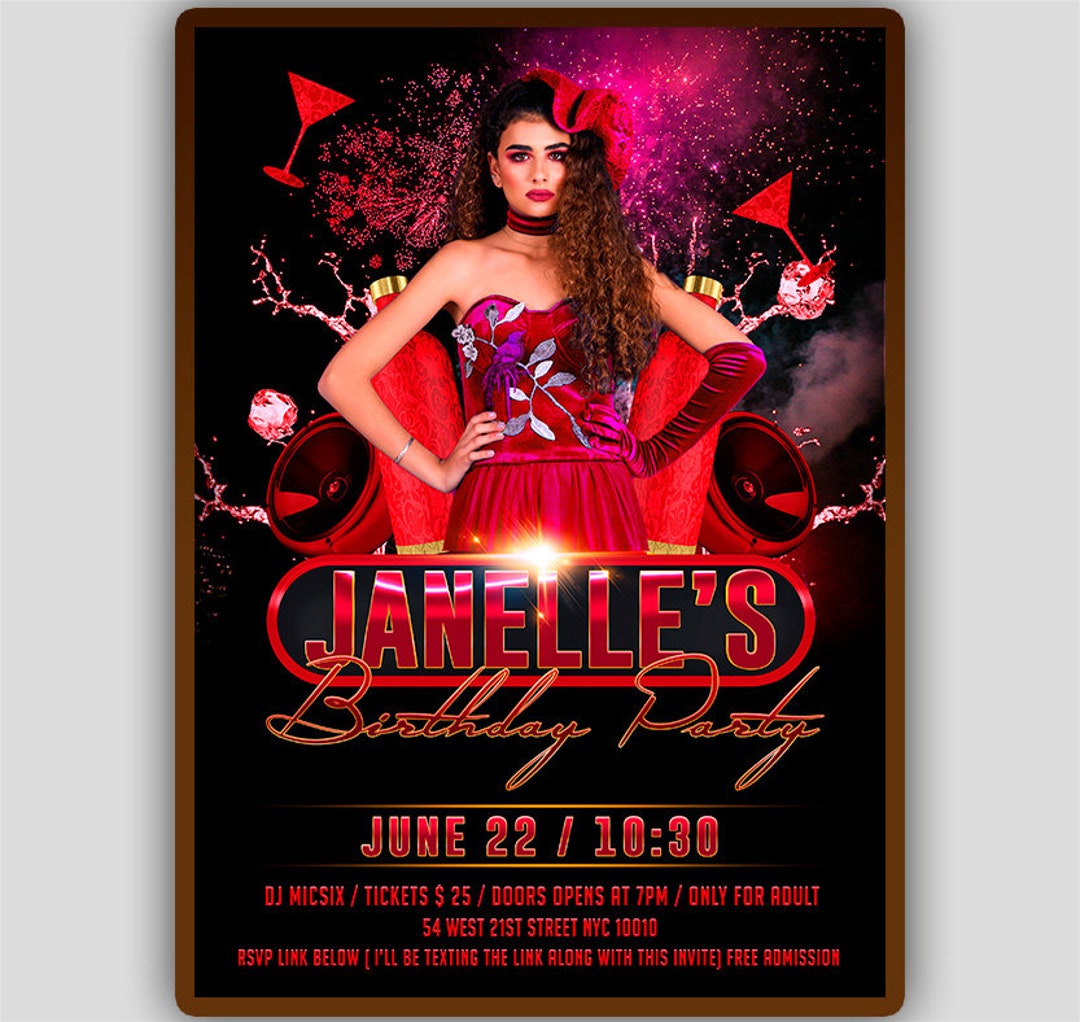 Red Party Invitation, Red Birthday Flyer, Red Birthday Invitation, Red ...