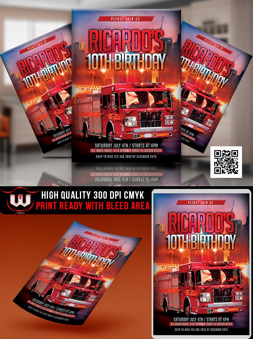 Fireman flyer firefighter invitation fireman birthday party | Etsy