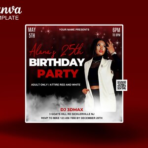Club Red Birthday Party Flyer Editable With Canva, Red Birthday Party ...