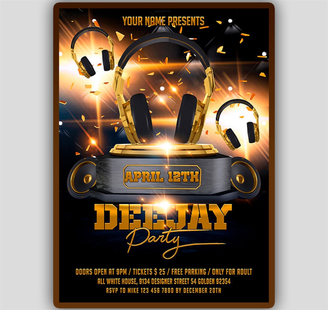 DJ Party Flyer, Guest DJ Night Invitation, Gold DJ Birthday Party Flyer ...