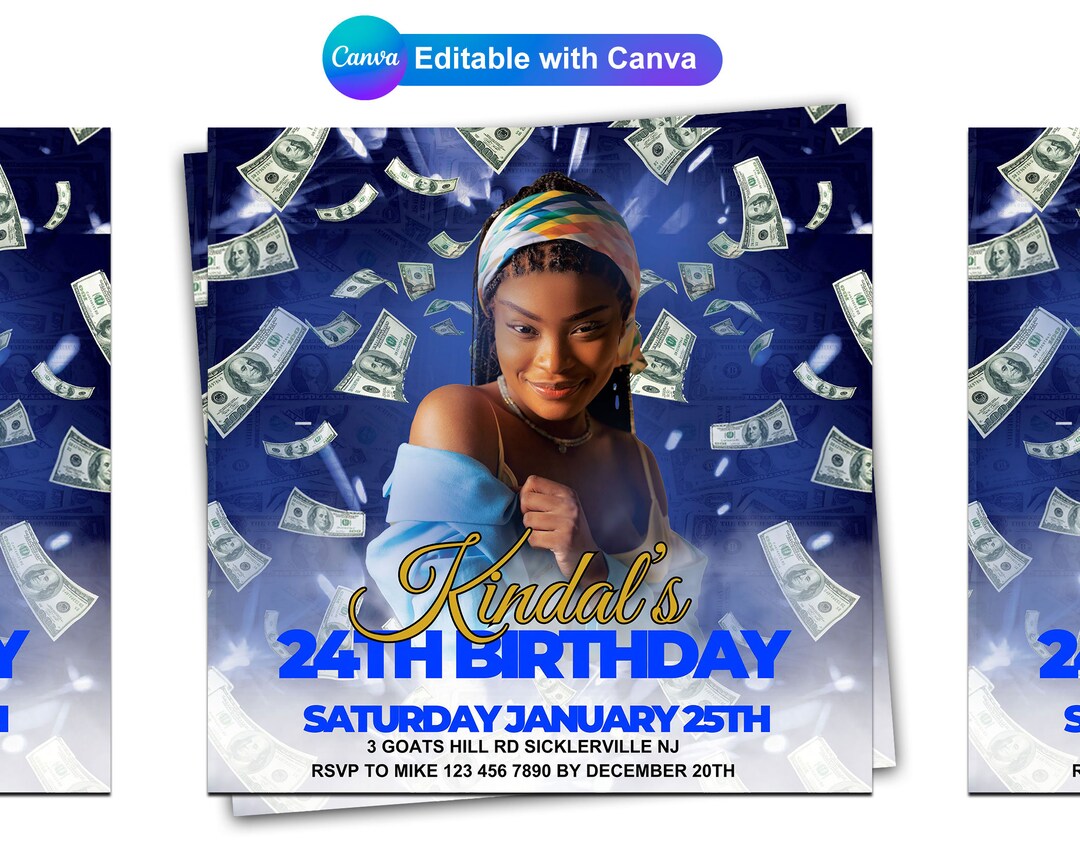 Money Birthday Party Flyer Editable With Canva, Money Theme Party ...
