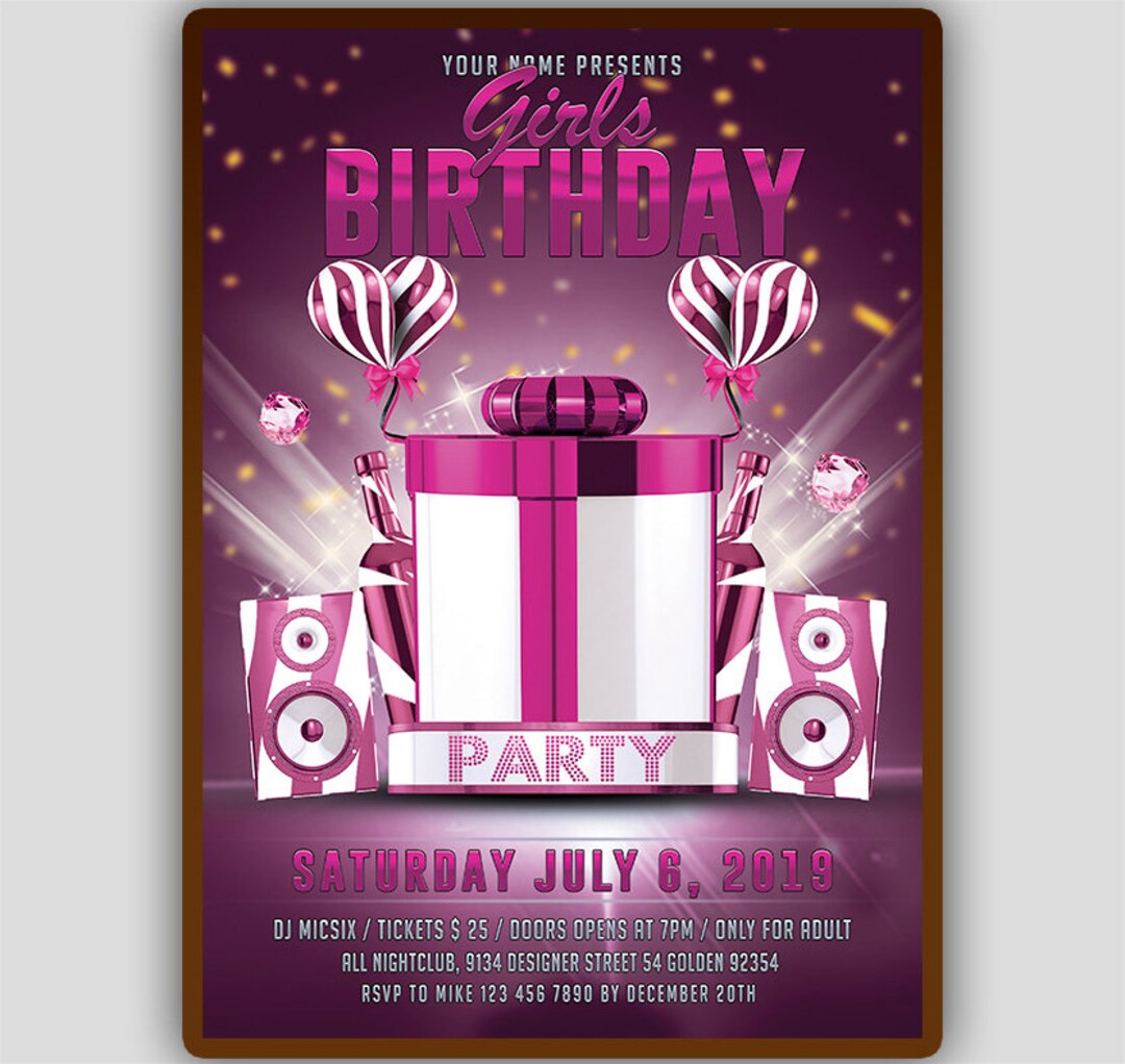 Pink Ladies Birthday Party Flyer, Girls Birthday Bash Invitation ...