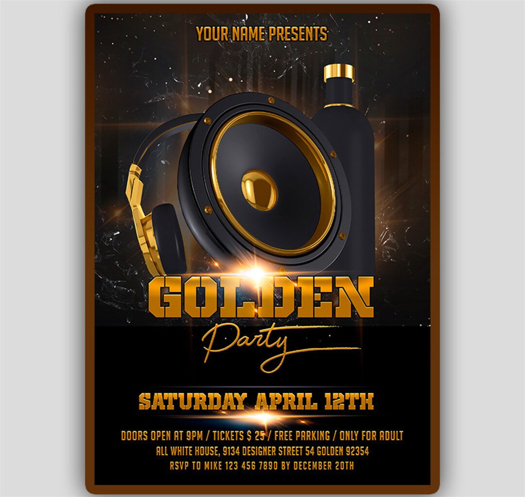 Golden Party Flyer, Night Party Invitation, Gold Birthday Party Flyer ...