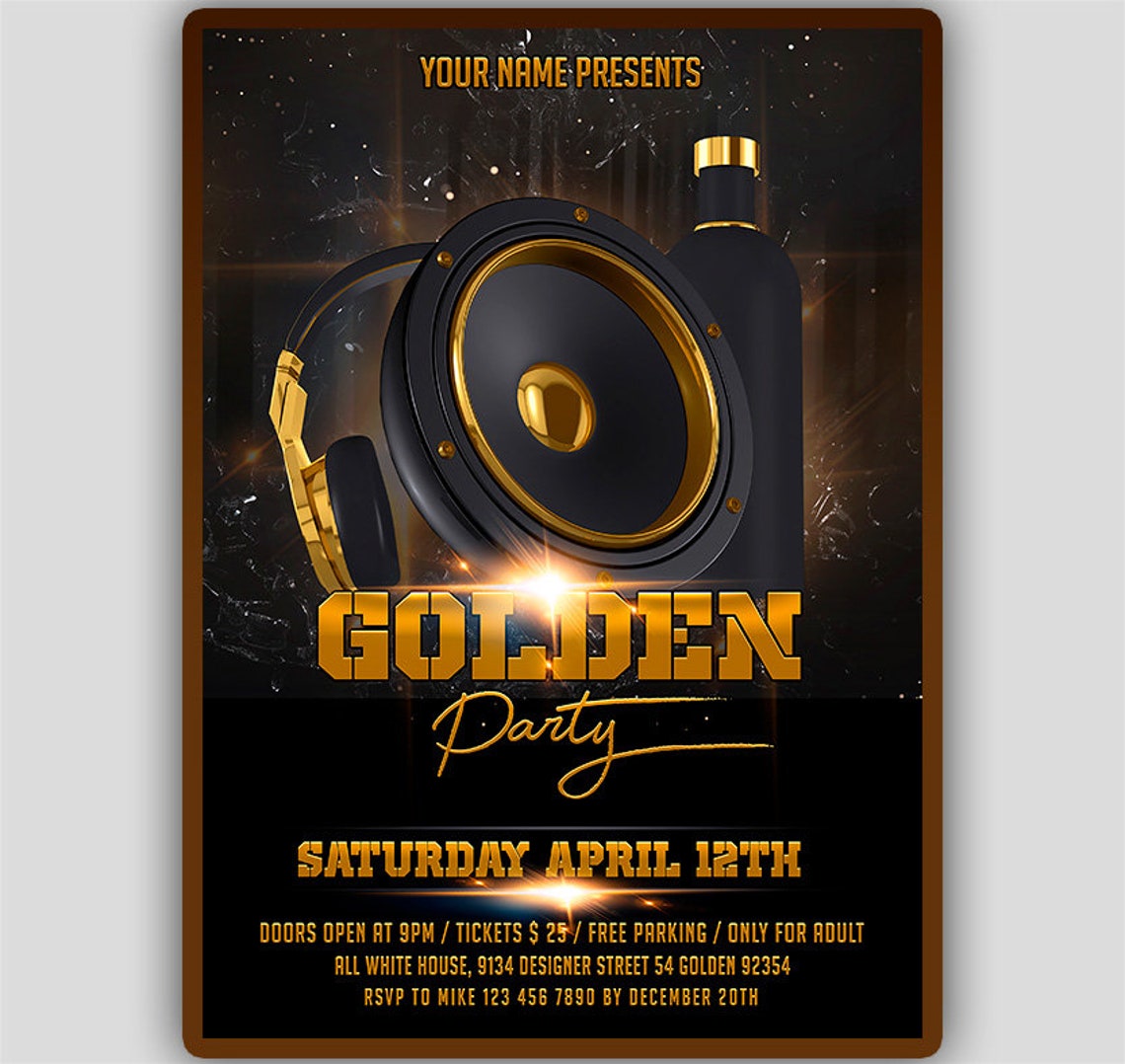 Golden Party Flyer Night Party Invitation Gold Birthday | Etsy