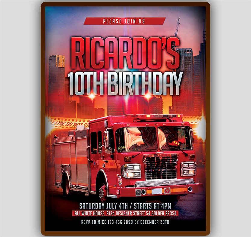 Fireman flyer firefighter invitation fireman birthday party | Etsy