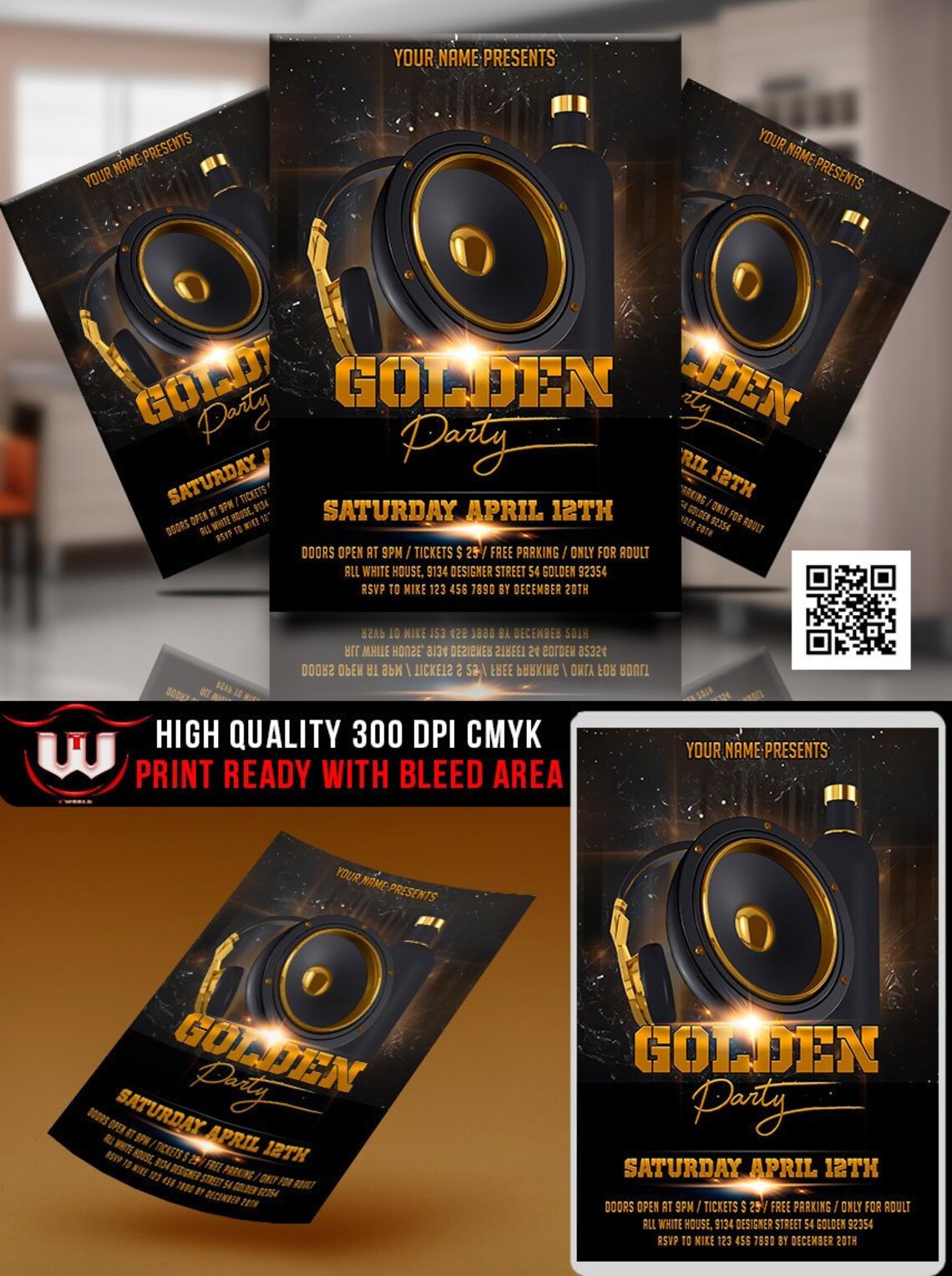 Golden Party Flyer Night Party Invitation Gold Birthday | Etsy