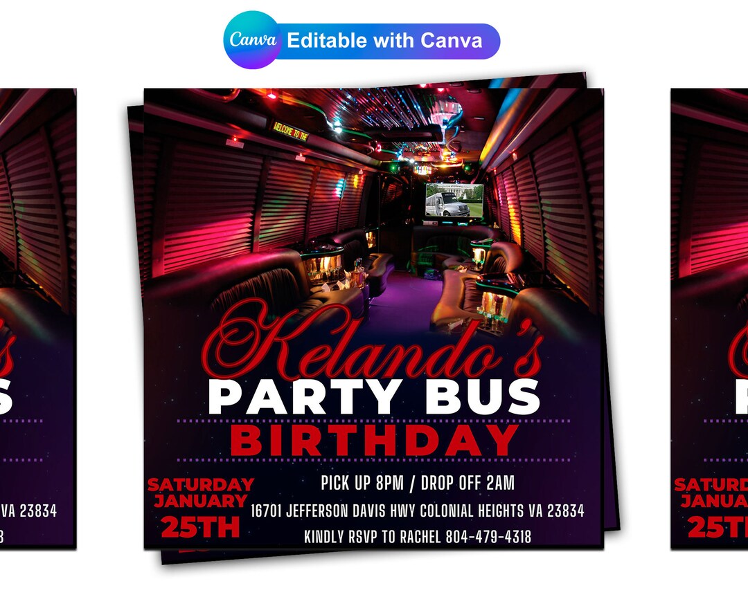 Editable Party Bus Birthday Flyer, Canva Party Bus Birthday Invitation ...