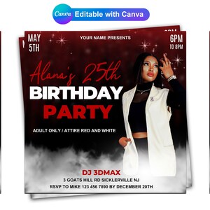 Club Red Birthday Party Flyer Editable With Canva, Red Birthday Party ...