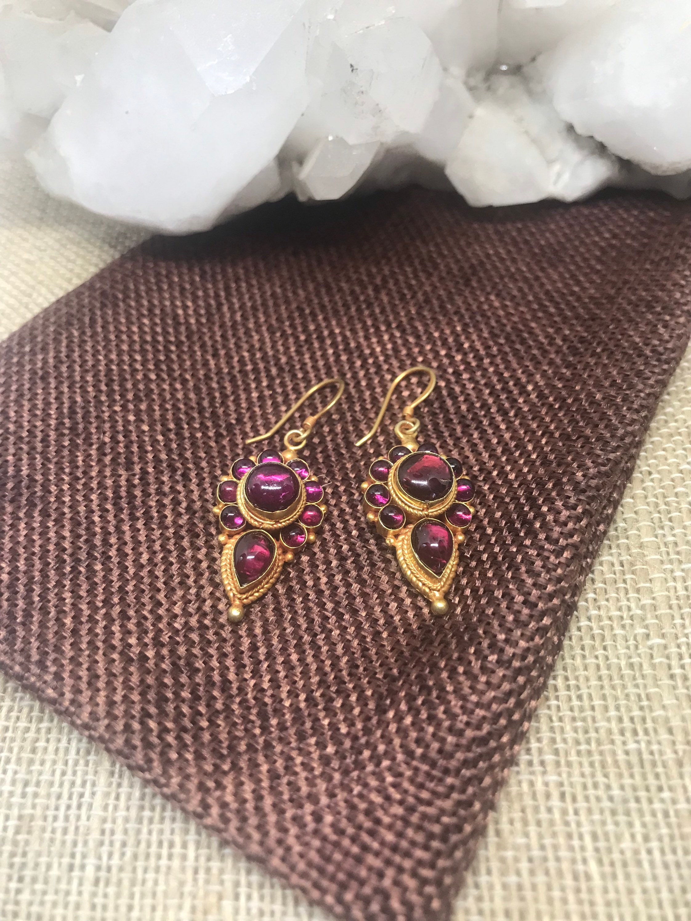 Vintage Newari Style Garnet and Gold Vermeil Earrings / Nepal ...
