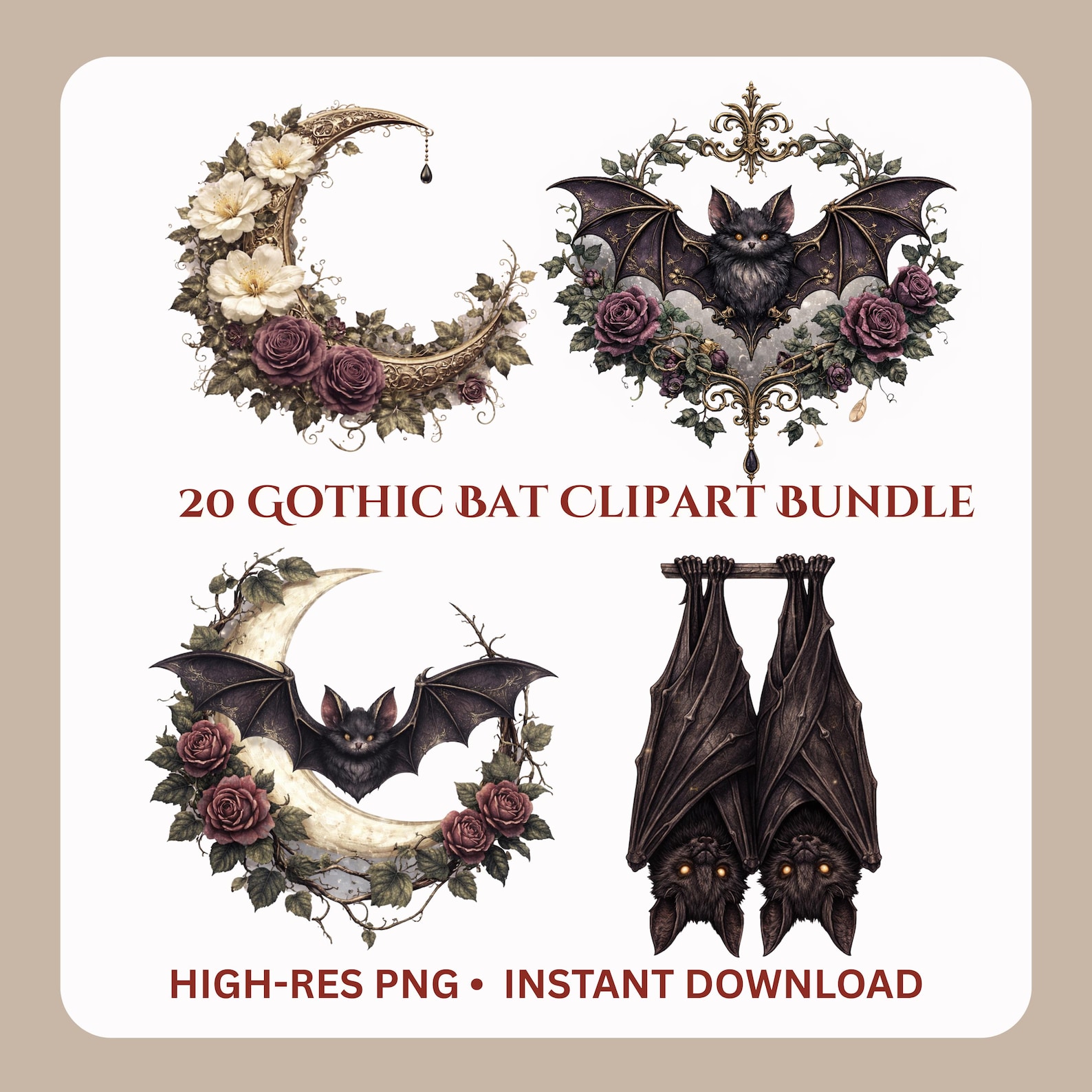 Gothic Bat Clipart Bundle PNG, Dark Academia Night Garden, Victorian ...
