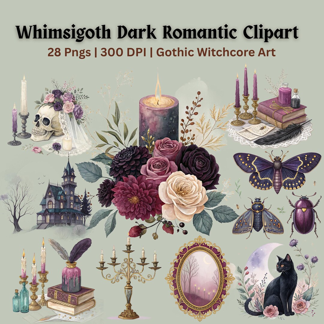 Whimsigoth Dark Romantic Clipart, Gothic Watercolor Roses Candles Moons ...