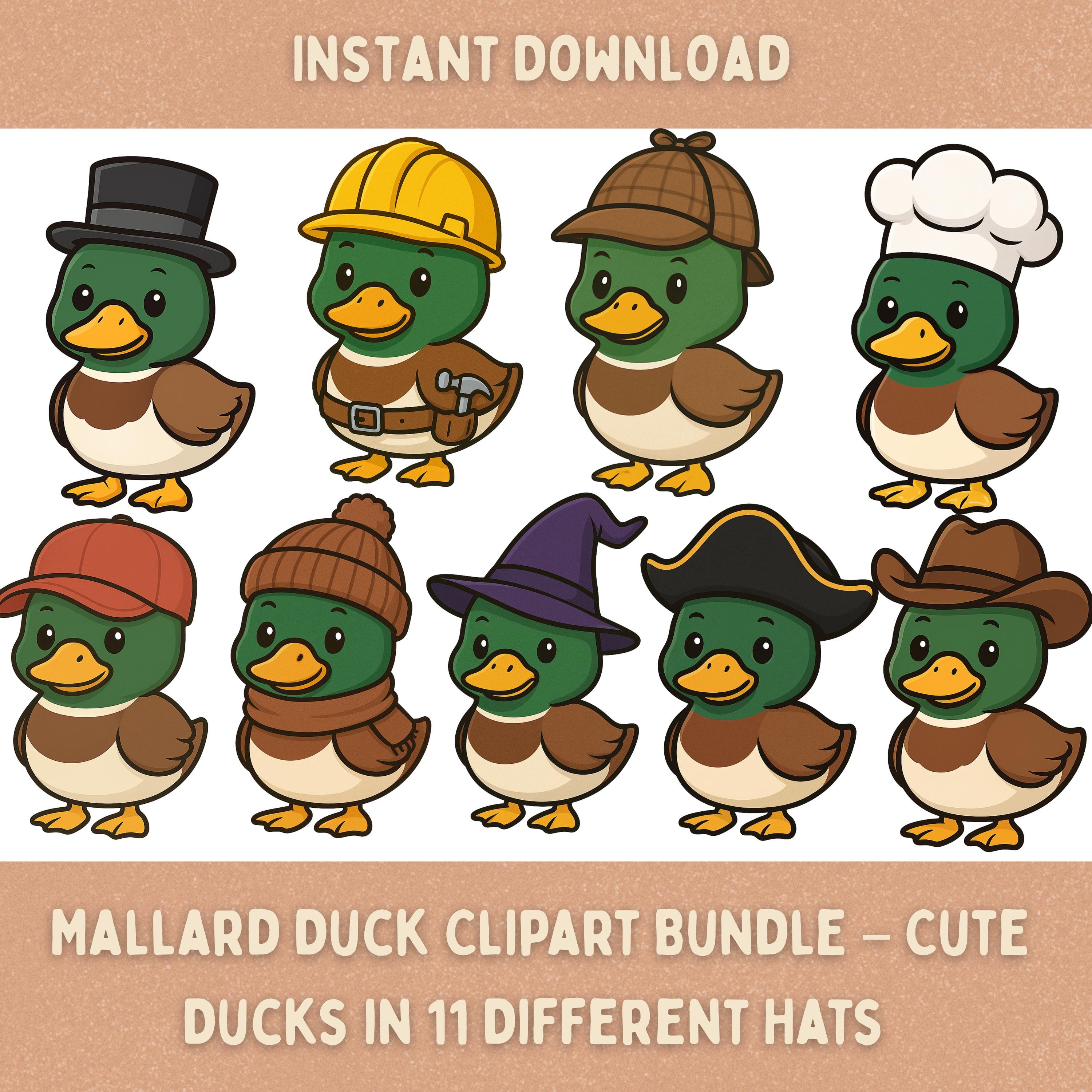 Mallard Duck Clipart Bundle – Cute Ducks in 11 Different Hats,png Set ...
